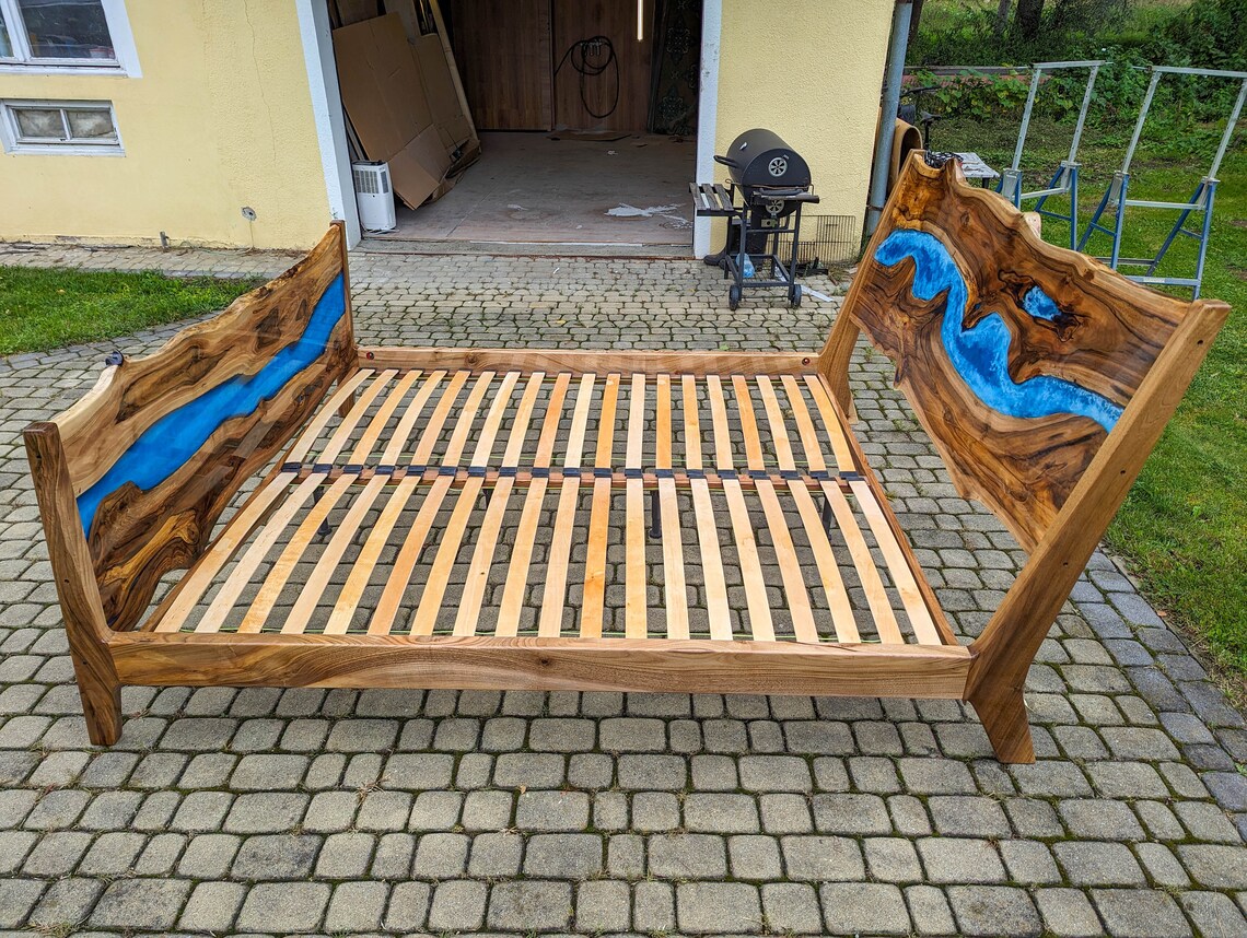 Live Edge Blue Ocean River Epoxy Walnut Bed King Size - Etsy