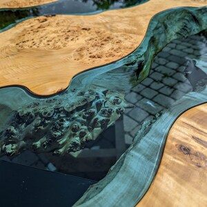 Available! Hexagon Live Edge River Table "refracta" With Blue Glass ...