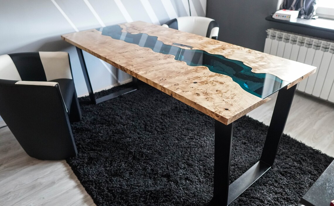 Available Live Edge River Table With Blue Glass and Epoxy | Etsy