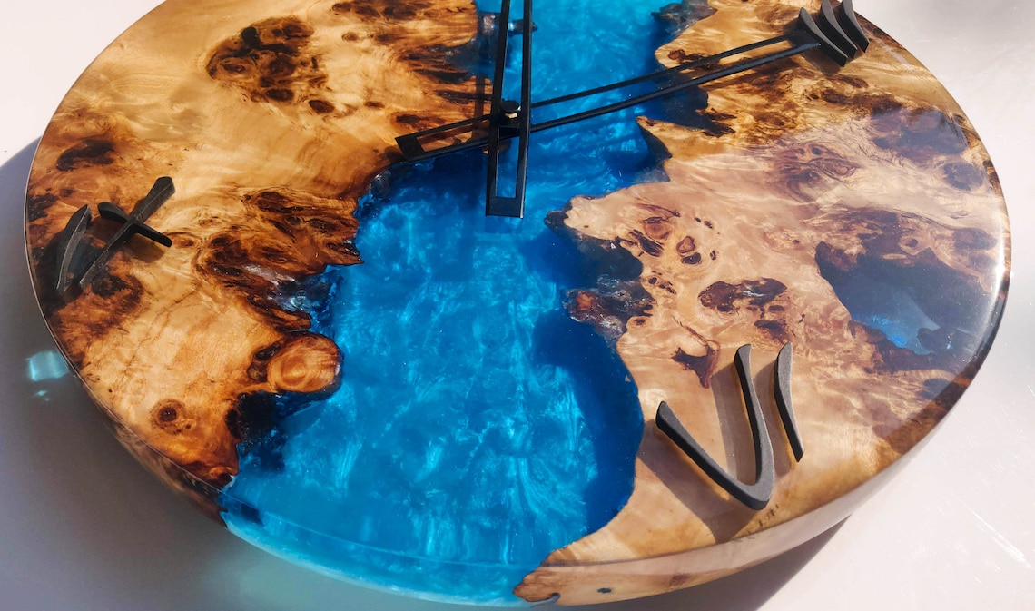SOLD Blue Metallic Epoxy Resin Wall Clock Mappa Burl Wood SOLD | Etsy