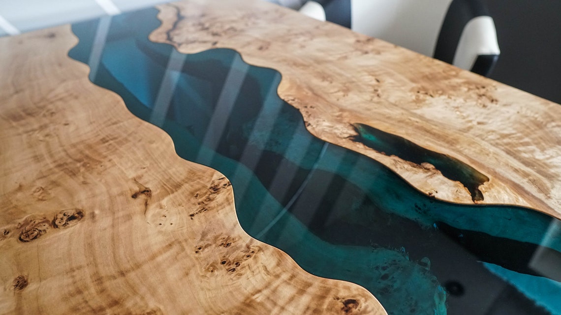 Available Live Edge River Table With Blue Glass and Epoxy | Etsy