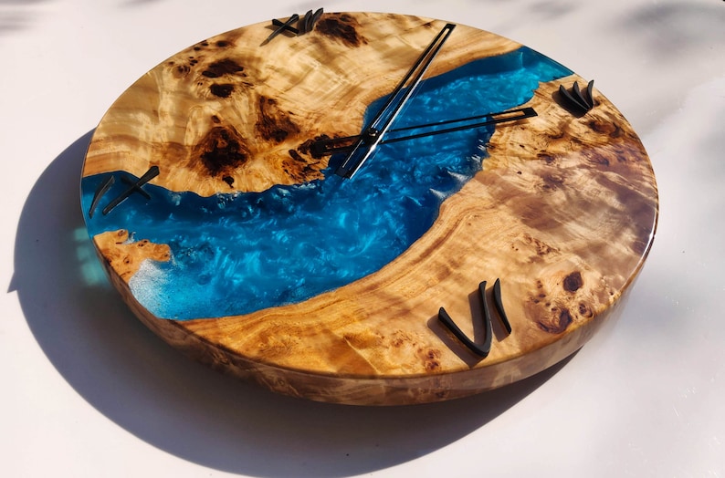 SOLD Blue Metallic Epoxy Resin Wall Clock Mappa Burl Wood SOLD - Etsy