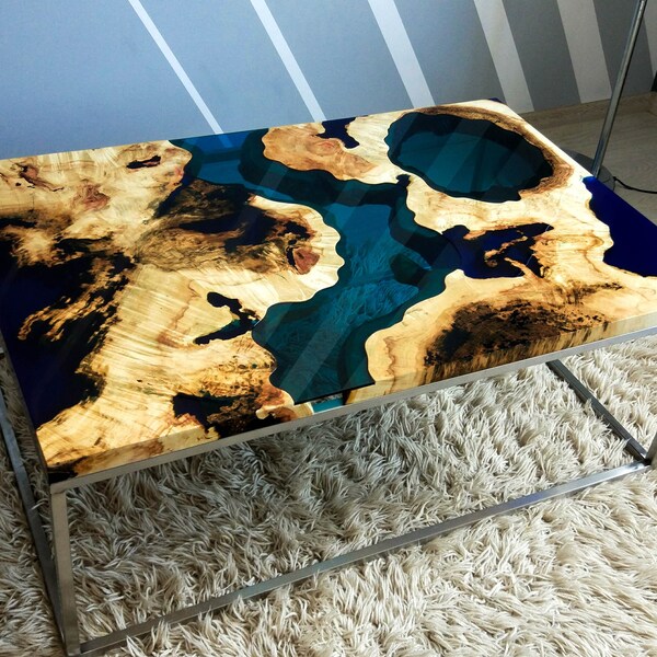 Live Edge Blue Glass River Walnut Coffee Table - Etsy