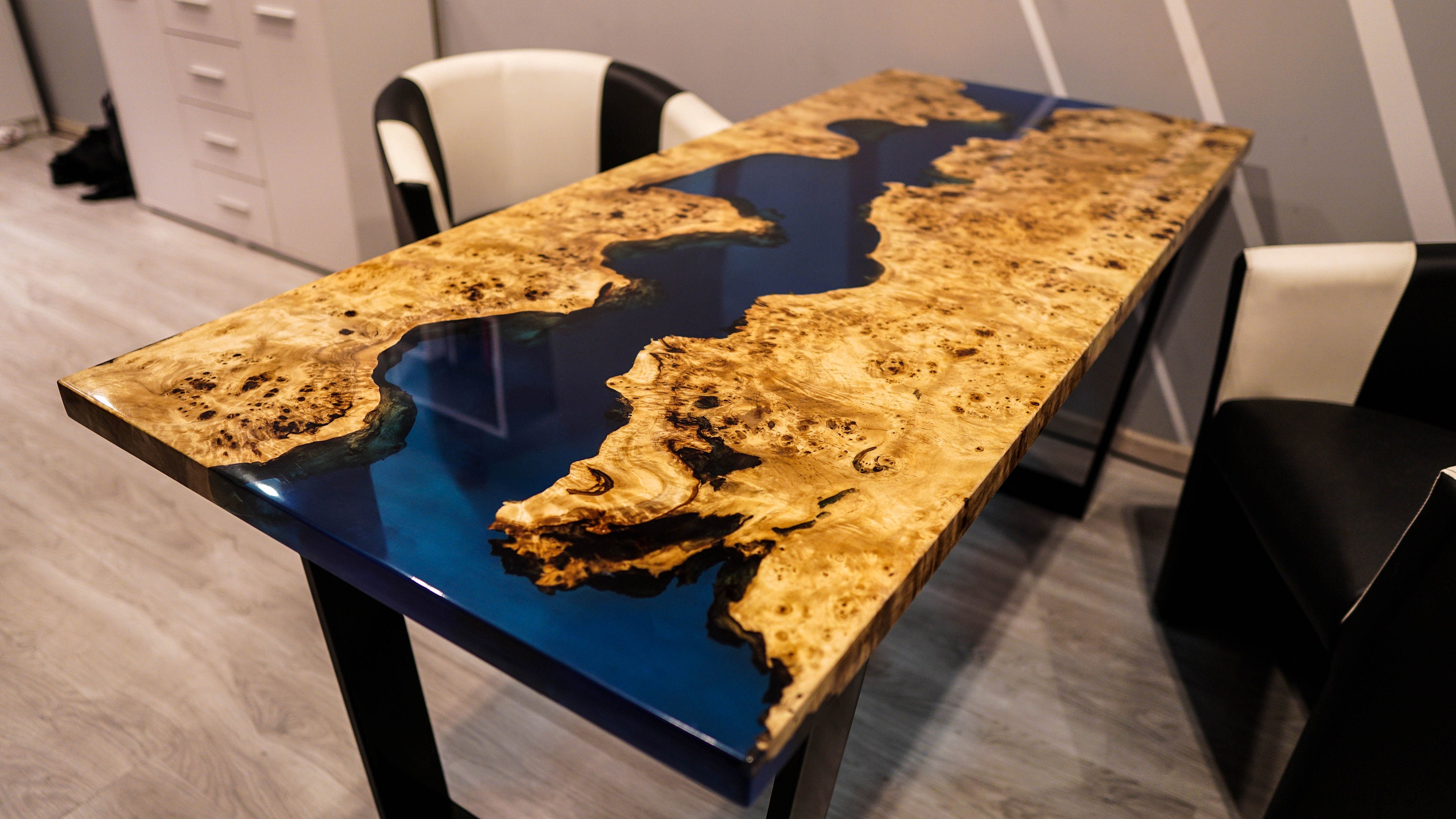 Blue River Table With Epoxy Inlay, Exotic Mappa Burl Wood - Etsy