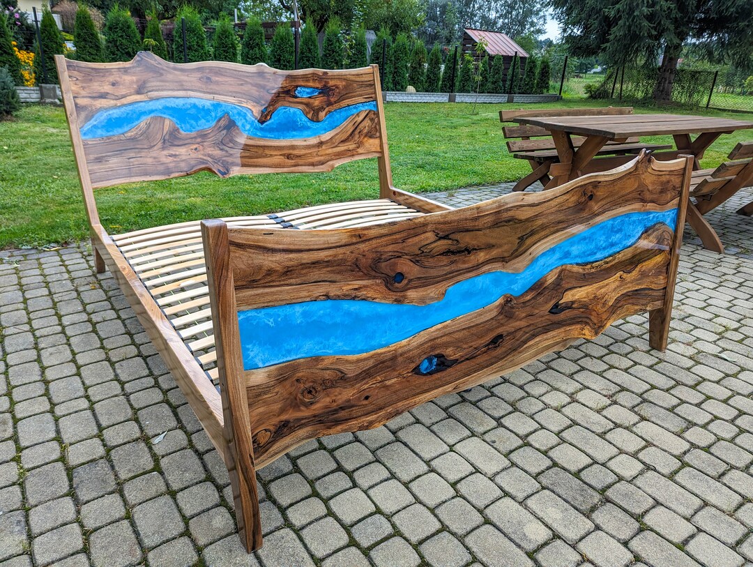 Live Edge Blue Ocean River Epoxy Walnut Bed, King Size - Etsy