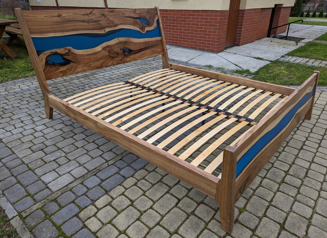 Turquoise River Walnut Epoxy King Size Bed Matt Finish - Etsy