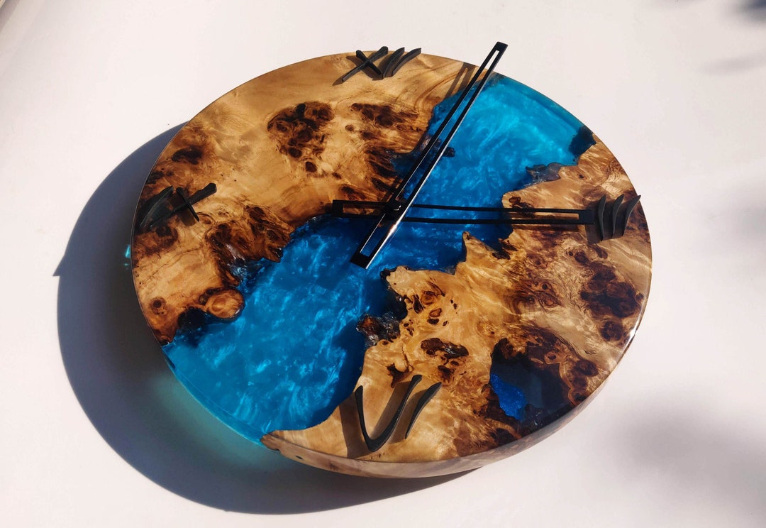 SOLD Blue Metallic Epoxy Resin Wall Clock Mappa Burl Wood SOLD - Etsy