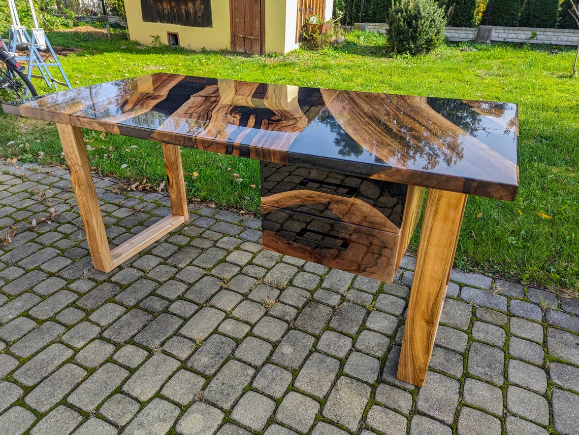 Available Live Edge River Walnut Desk With Black Metallic Epoxy ...