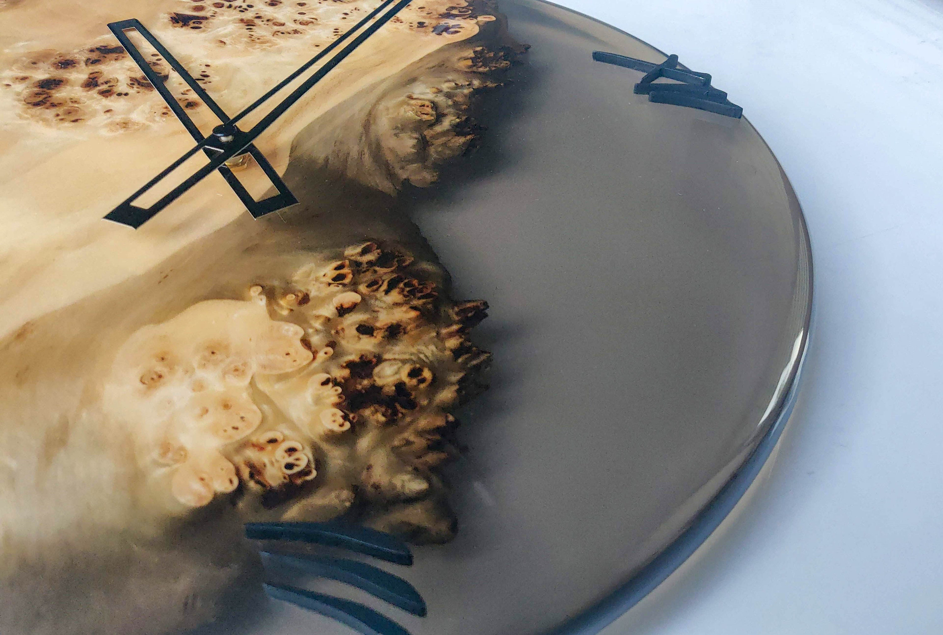 SOLD Black Semi-translucent Epoxy Resin Wall Clock Mappa Burl Wood SOLD ...