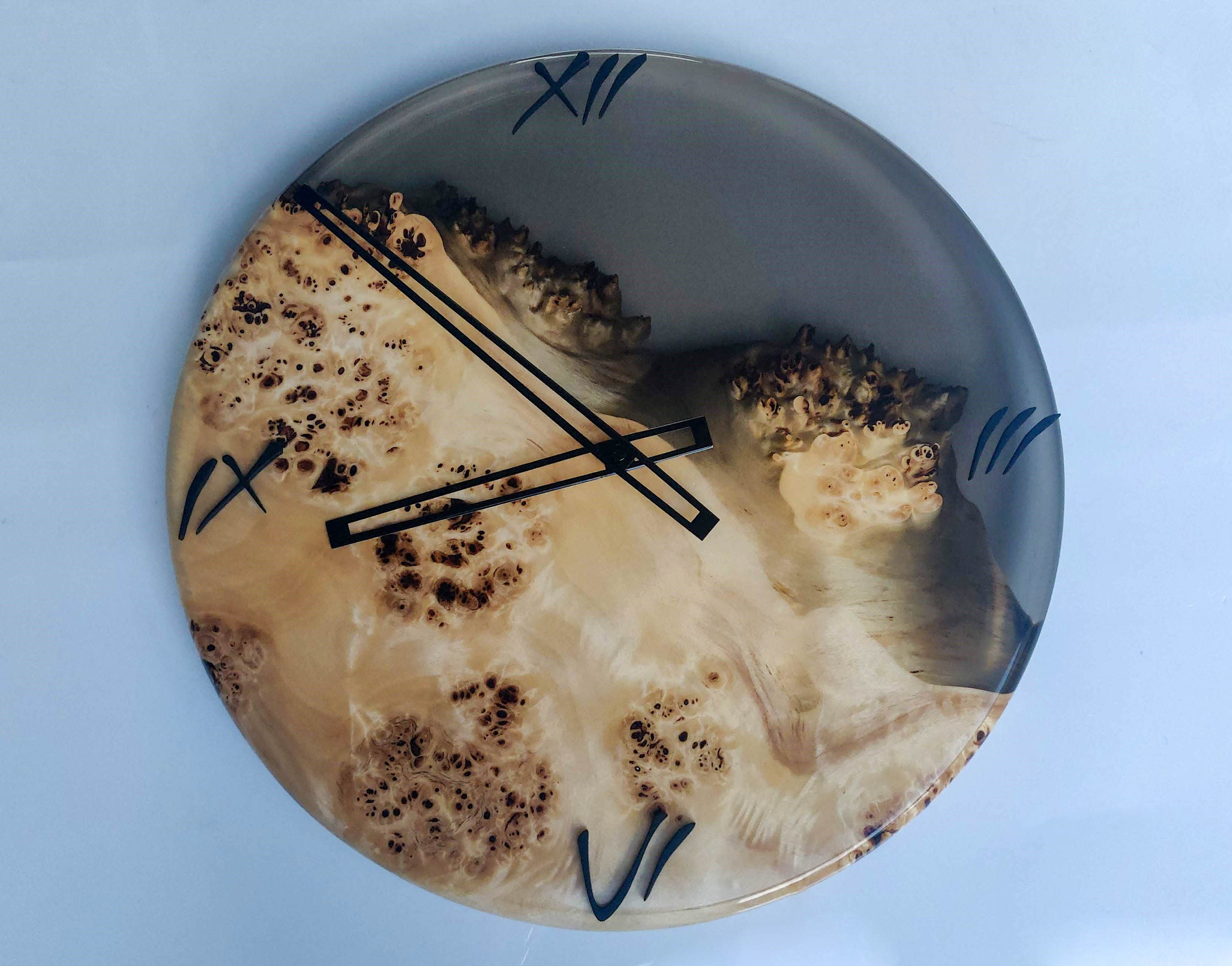 SOLD Black Semi-translucent Epoxy Resin Wall Clock Mappa Burl Wood SOLD ...
