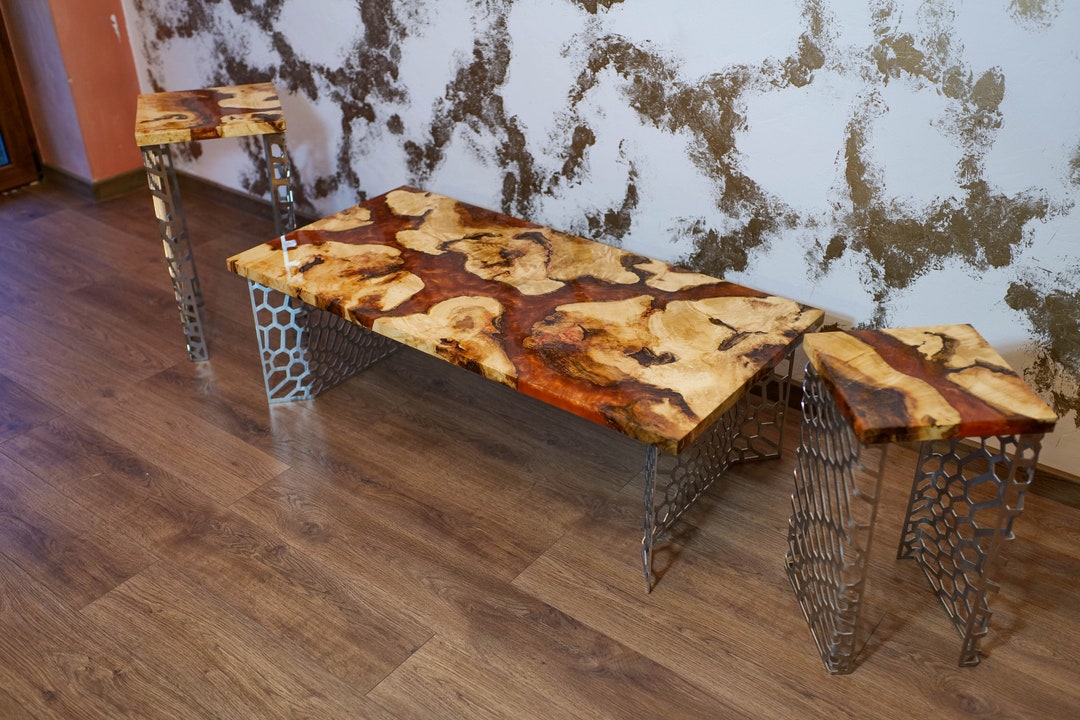Sold Out, Set of Live Edge River Orange Metallic Epoxy Coffee Table and ...