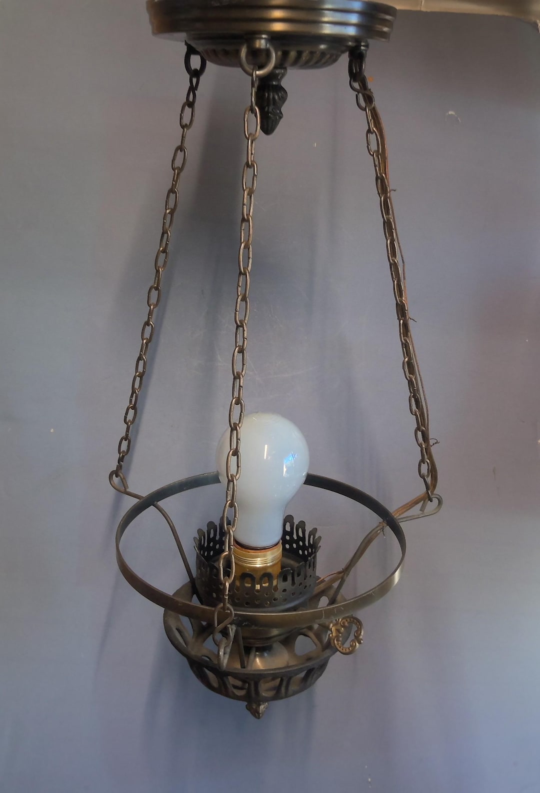 Vintage Oil Lamp Semi Flush Mount Ceiling Light Fixture Brass 7" Shade ...