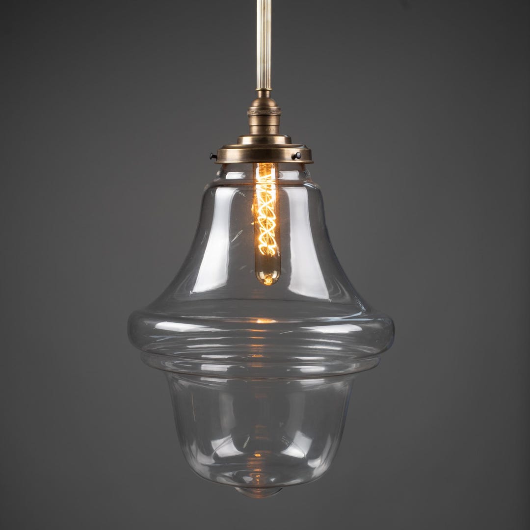 Large Clear Glass Bell Pendant Light Downrod Fixture With Antique Brass ...