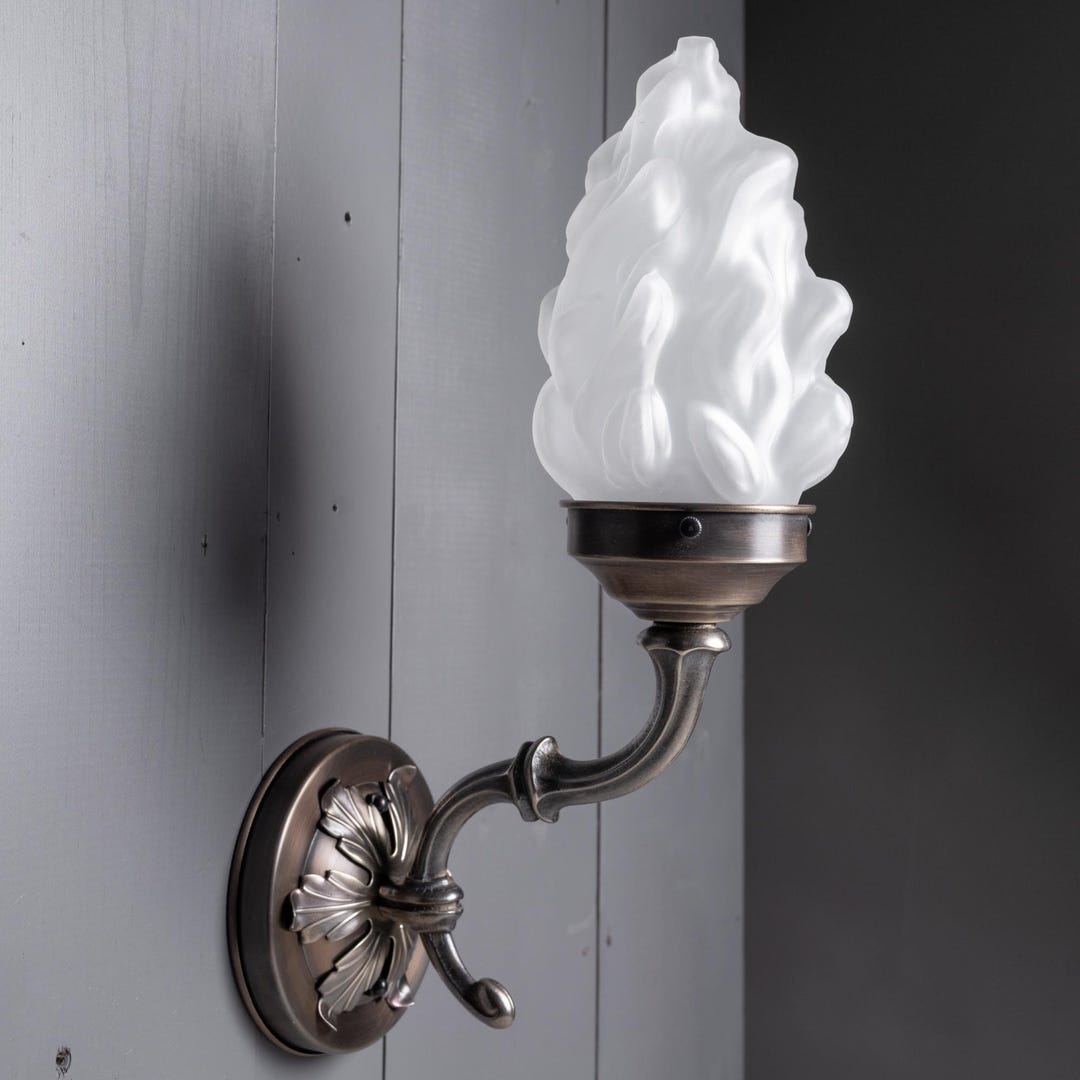 Wall Sconce Flame Torch Globe Frosted Finish Antique Brass Finish ...