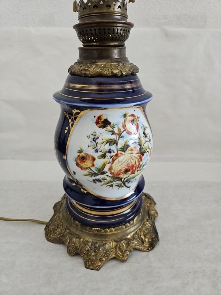 Antique French Bayeux Porcelain Table Oil Lamp Floral Design Converted ...