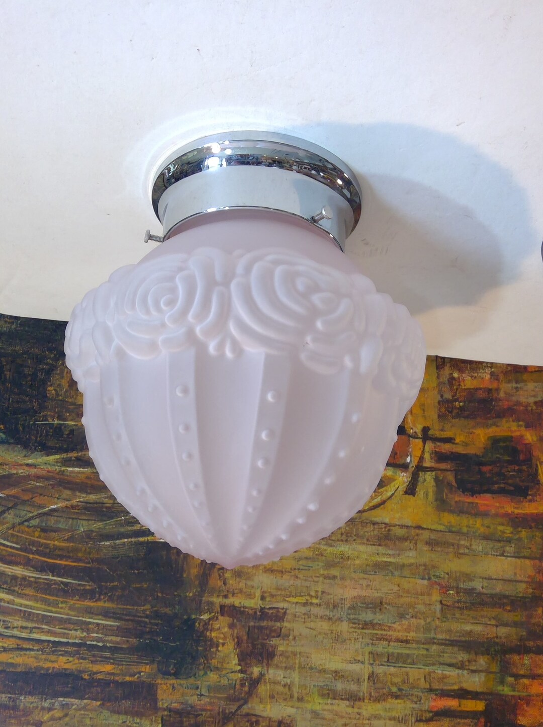 Pink & Chrome Rose Rim Glass Shade and Fixture Flush Mounted - Etsy