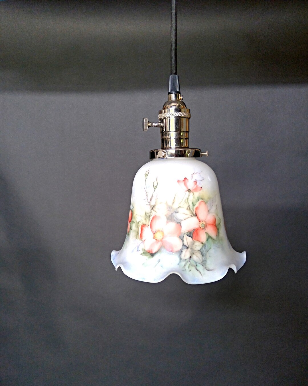 Hand Painted Wild Rose Floral Glass Shade Pendant Bronze & 36 Wire - Etsy