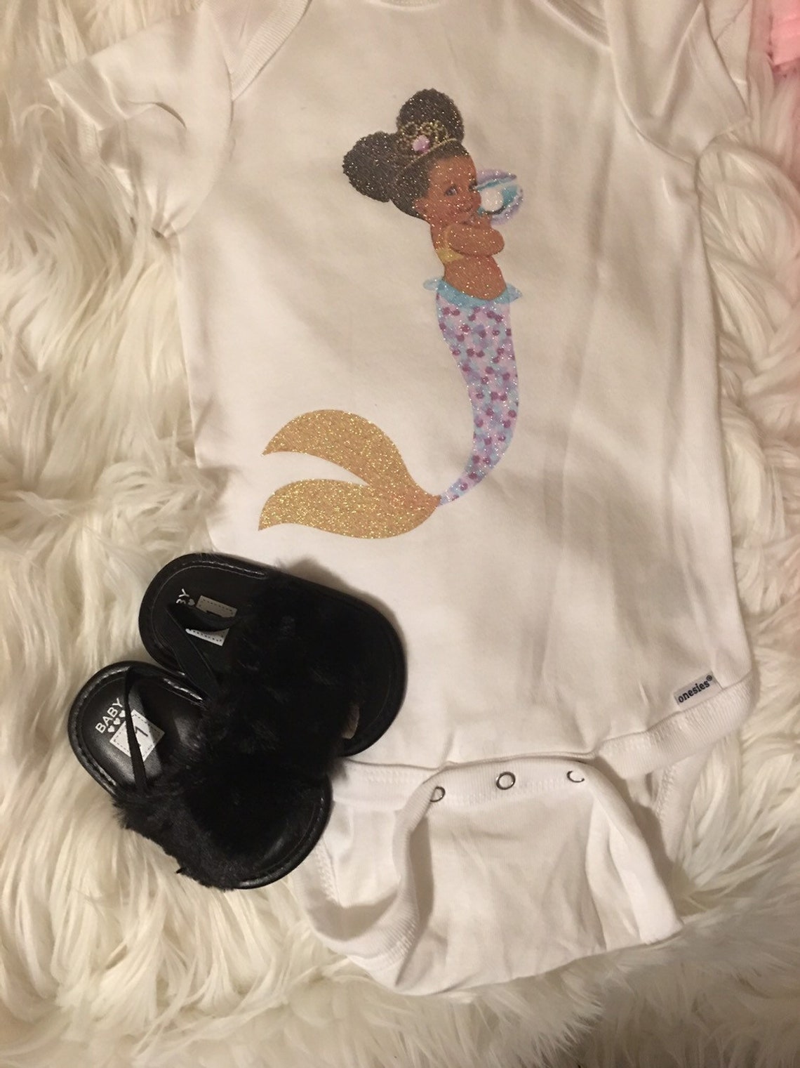 African American mermaid onsie with glitter design | Etsy