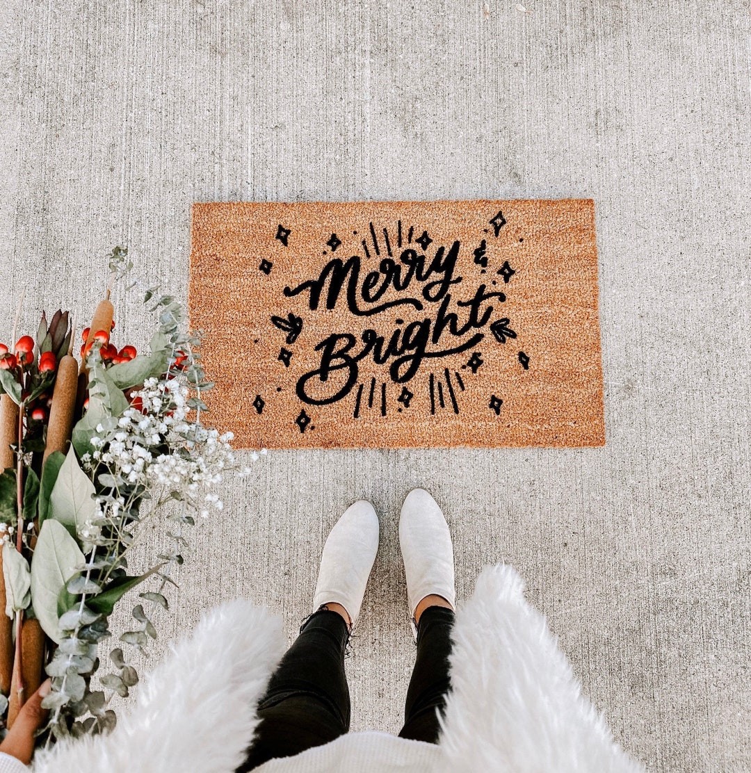 Merry Bright Doormat Christmas Decor Hello Welcome Mat Christmas ...
