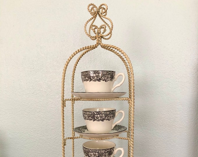 Tea Cup and Saucer Display Stand 4 Tier White and Gold Twisted Metal ...