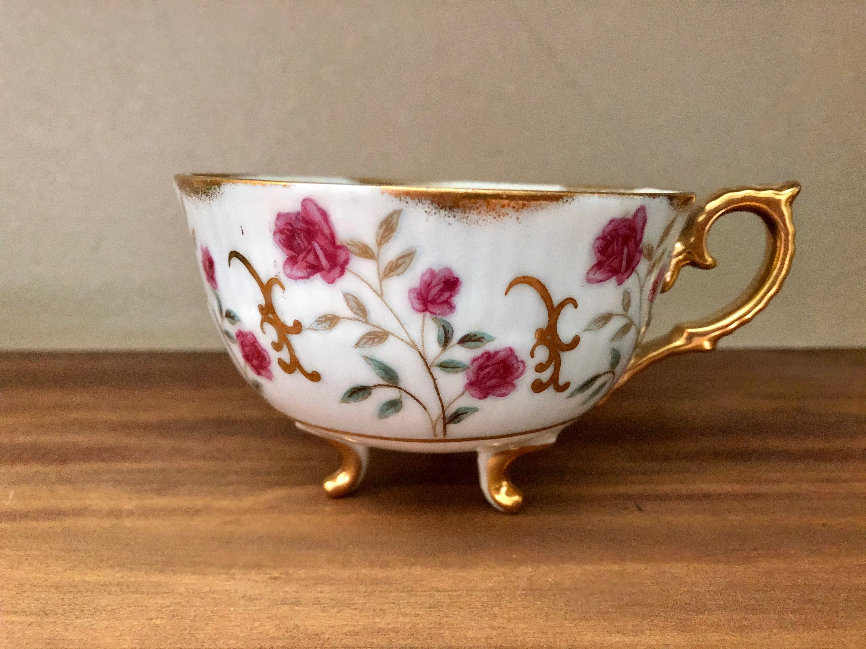 Tea Cup and Saucer Set Mismatched Pink Roses Three Footed Iridescent ...