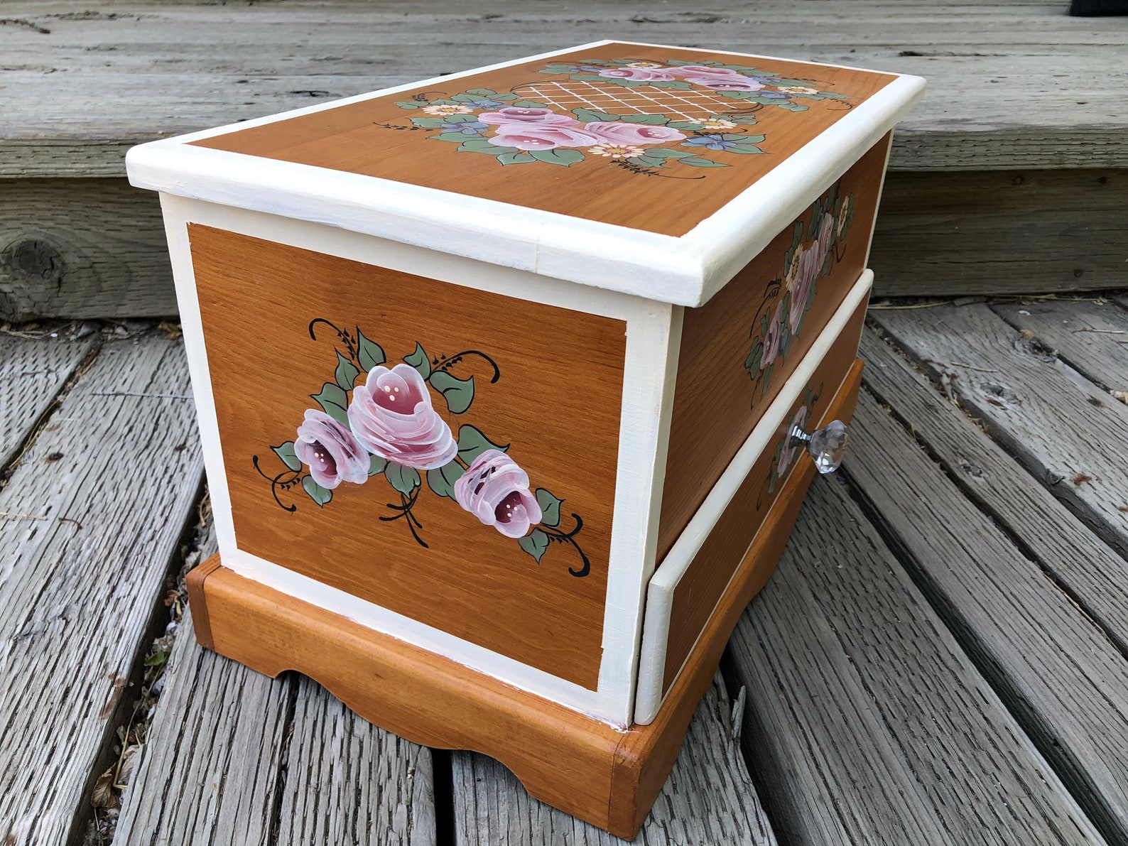 Small Vintage Wood Chest With Drawer Tole Painted Roses Shabby Chic ...