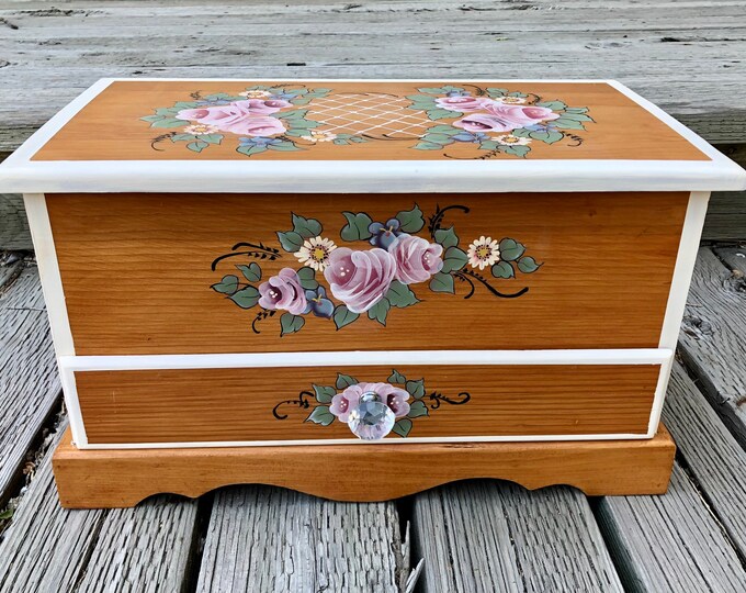 Small Vintage Wood Chest With Drawer Tole Painted Roses Shabby Chic ...