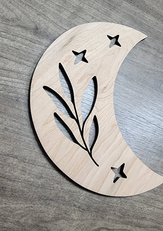 Crescent Shape Crafts Crescent Moon + Leaf Wood Shape Sign, Wooden