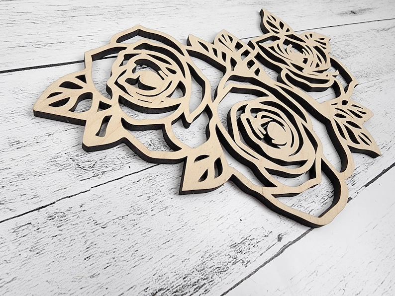 Wood Floral Rose Cut Out, Flower Shapes With Leaves, Wooden Floral ...