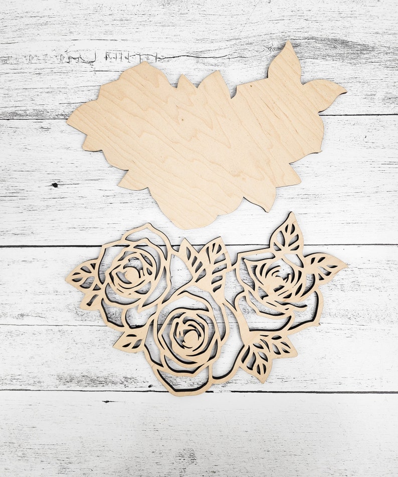 Wood Floral Rose Cut Out, Flower Shapes With Leaves, Wooden Floral ...