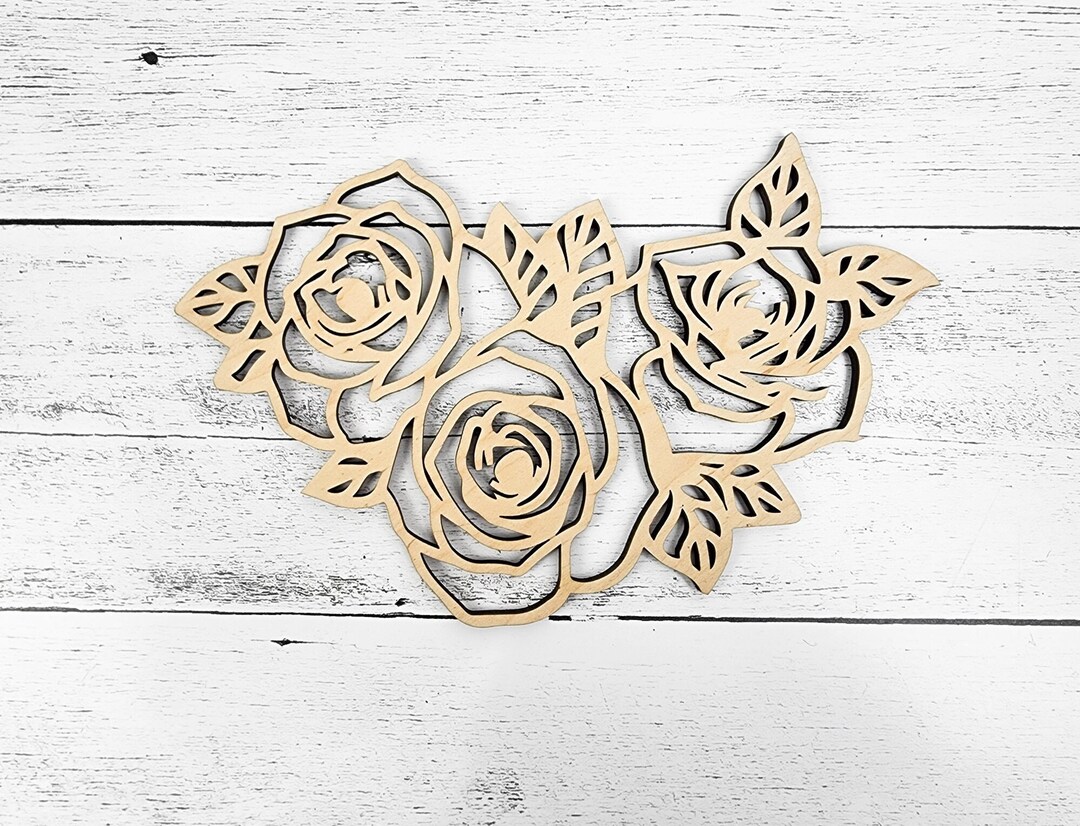Wood Floral Rose Cut Out, Flower Shapes With Leaves, Wooden Floral ...
