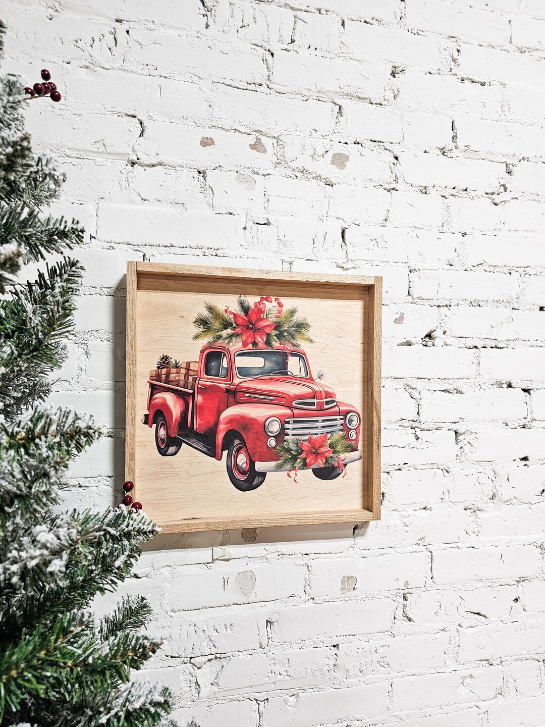 Vintage Little Red Christmas Truck & Tree Decor Wooden Sign, Framed ...