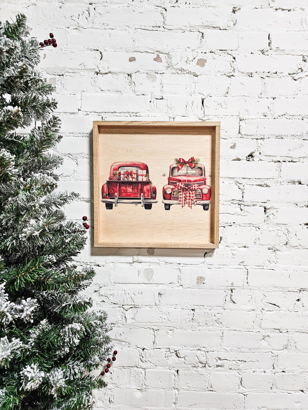 Vintage Little Red Christmas Truck & Tree Decor Wooden Sign, Framed ...