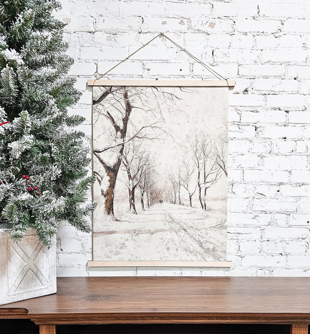 Winter Scene Wall Hanging Canvas, Snowy Trees, Cozy Christmas Vintage ...