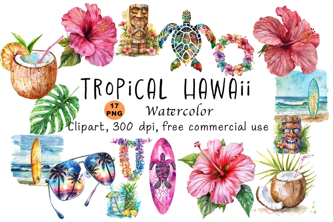 Watercolor Tropical Hawaii Clipart, Tropic Colorful Surf Clip Art ...