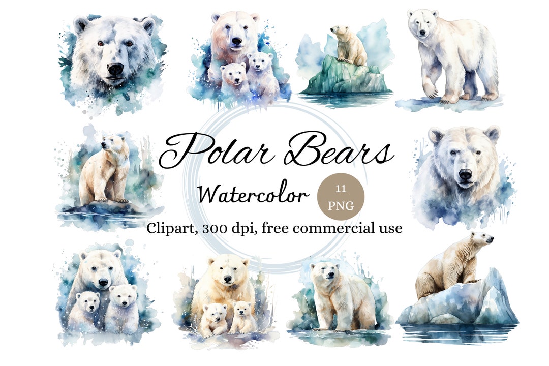 Watercolor Polar Bear Clip Art, Cute White Bears Clipart, Arctic Animal ...