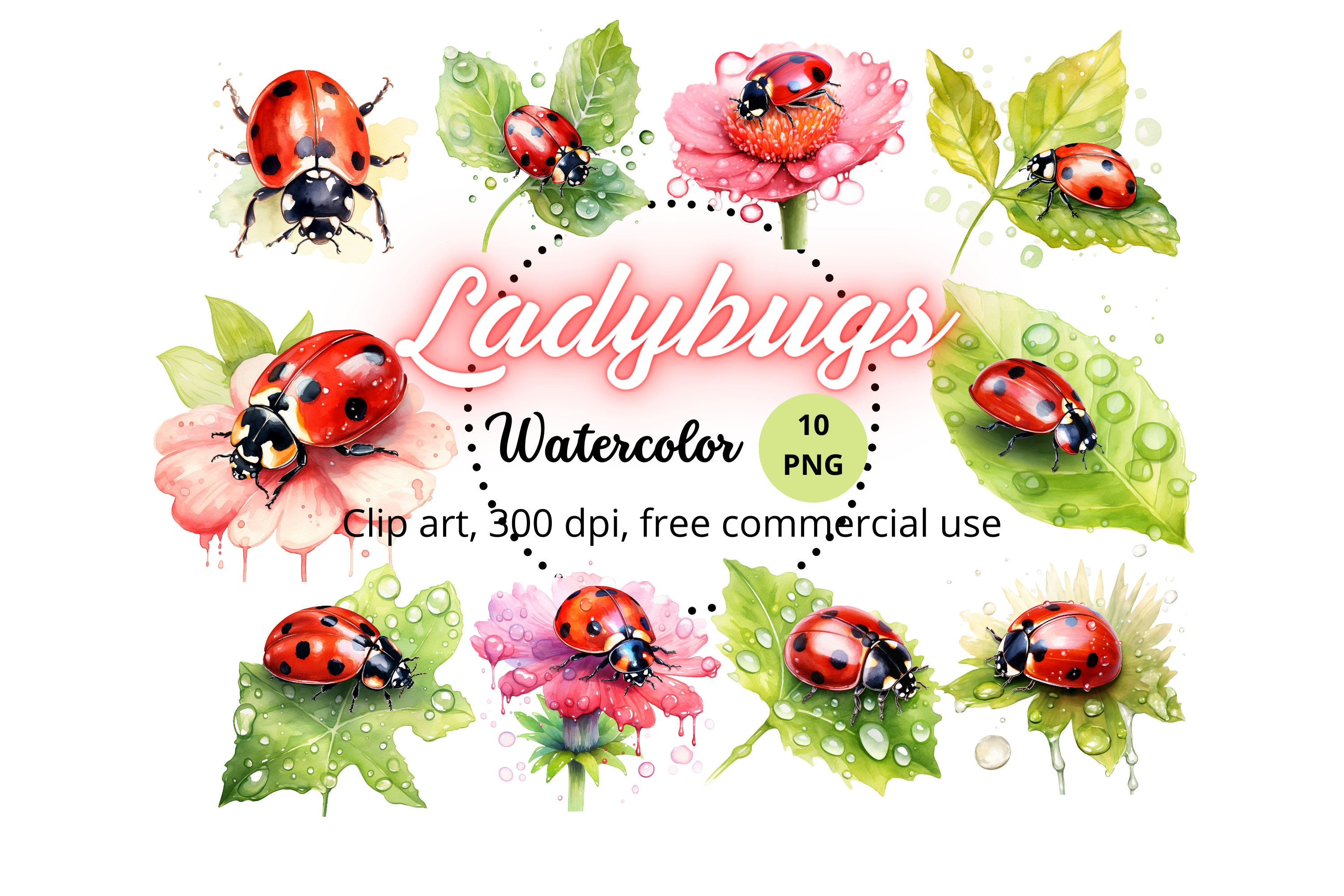 Watercolor Ladybug Clip Art, Lady Bug Clipart Graphics, Insect Print ...