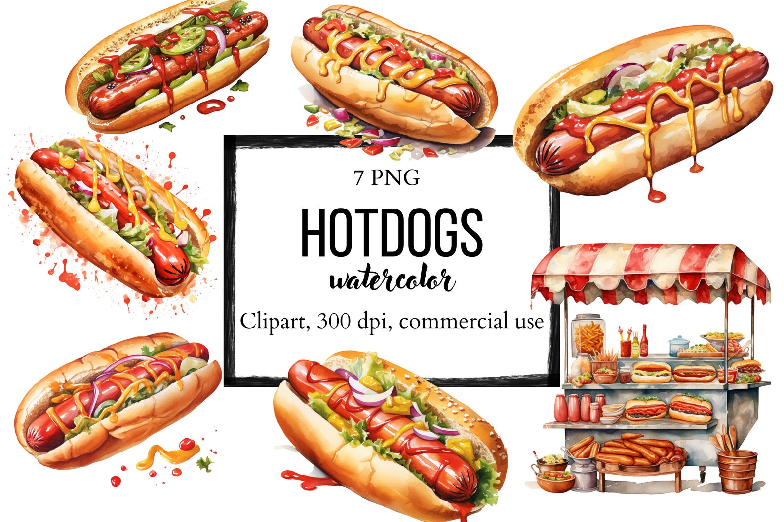 Hotdog Clipart, Hotdog Design, Watercolor, Food Clipart, Junkfood ...