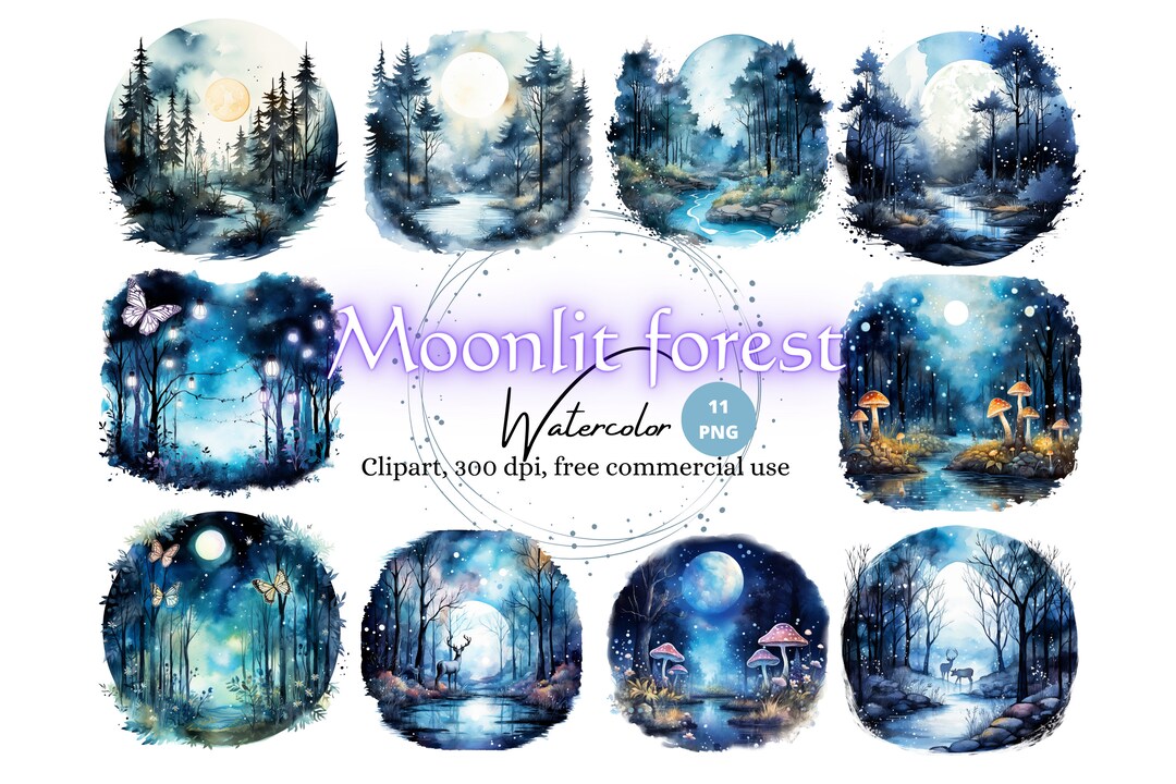 Watercolor Moonlit Forest Clip Art, Moon Light Trees Clipart, Night ...