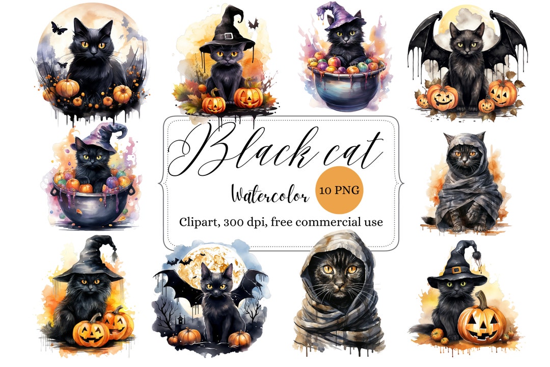 Watercolor Black Cat Clip Art, Halloween Cats Clipart, Blackcat Witch ...