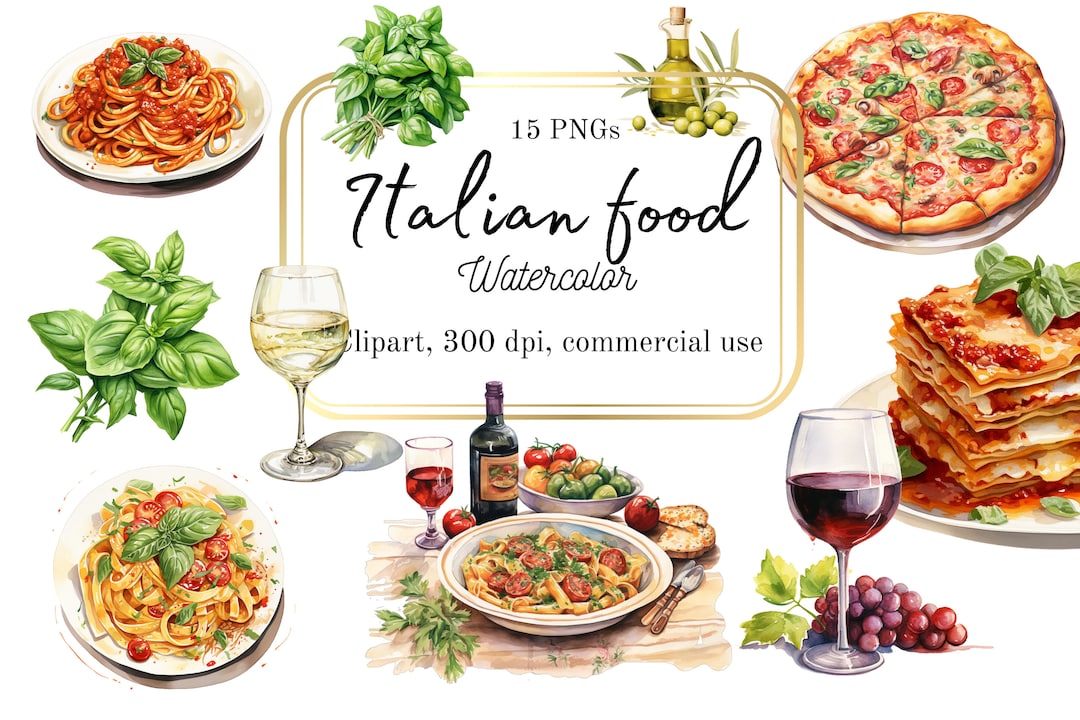 Watercolor Italian Food Clip Art, Printable Pizza Graphics, Pasta ...