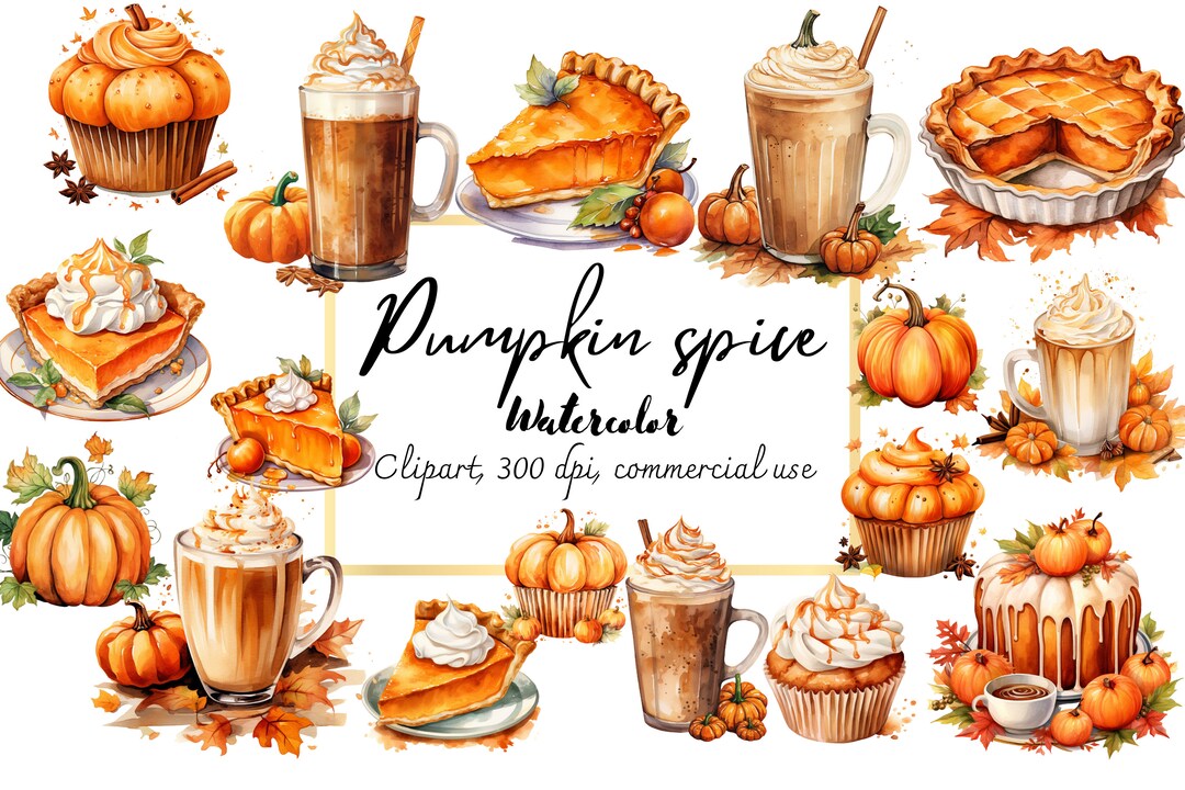 Watercolor Pumpkin Spice Clip Art, Seasonal Latte Clipart, Cinnamon ...