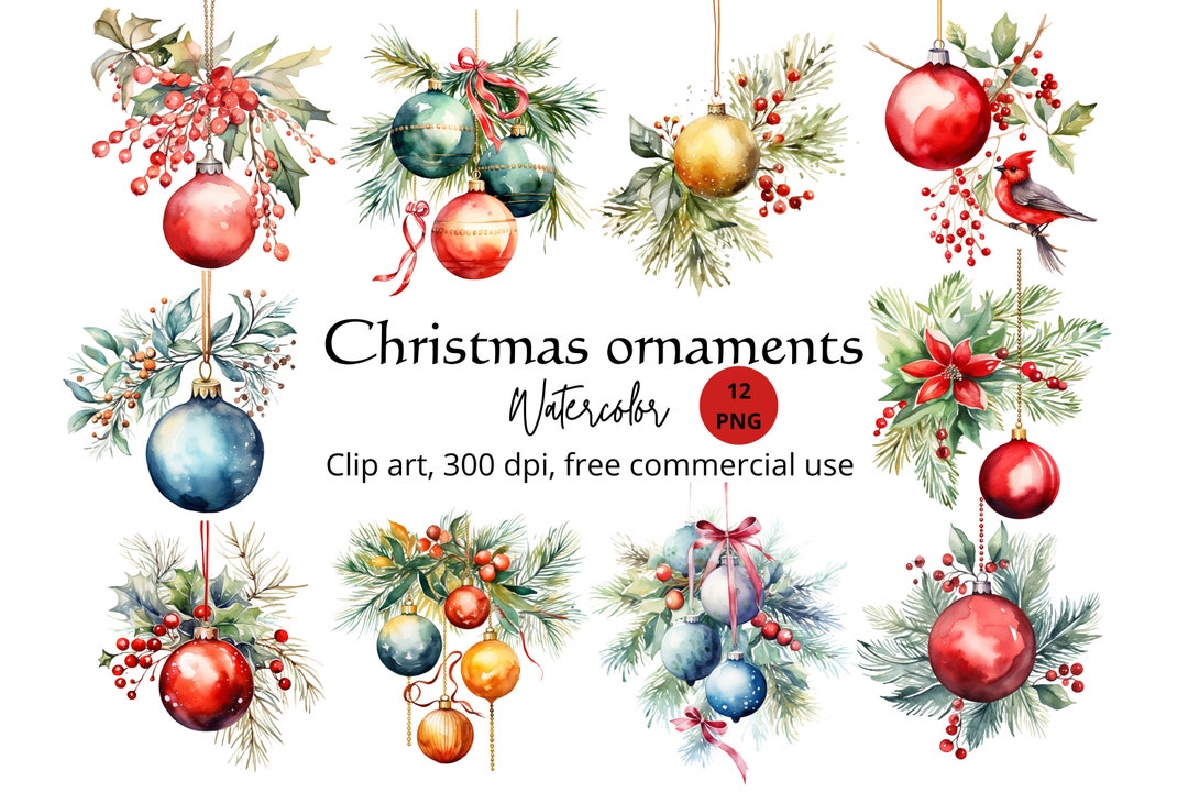 Watercolor Christmas Ornament Clip Art, Xmas Tree Holiday Clipart ...