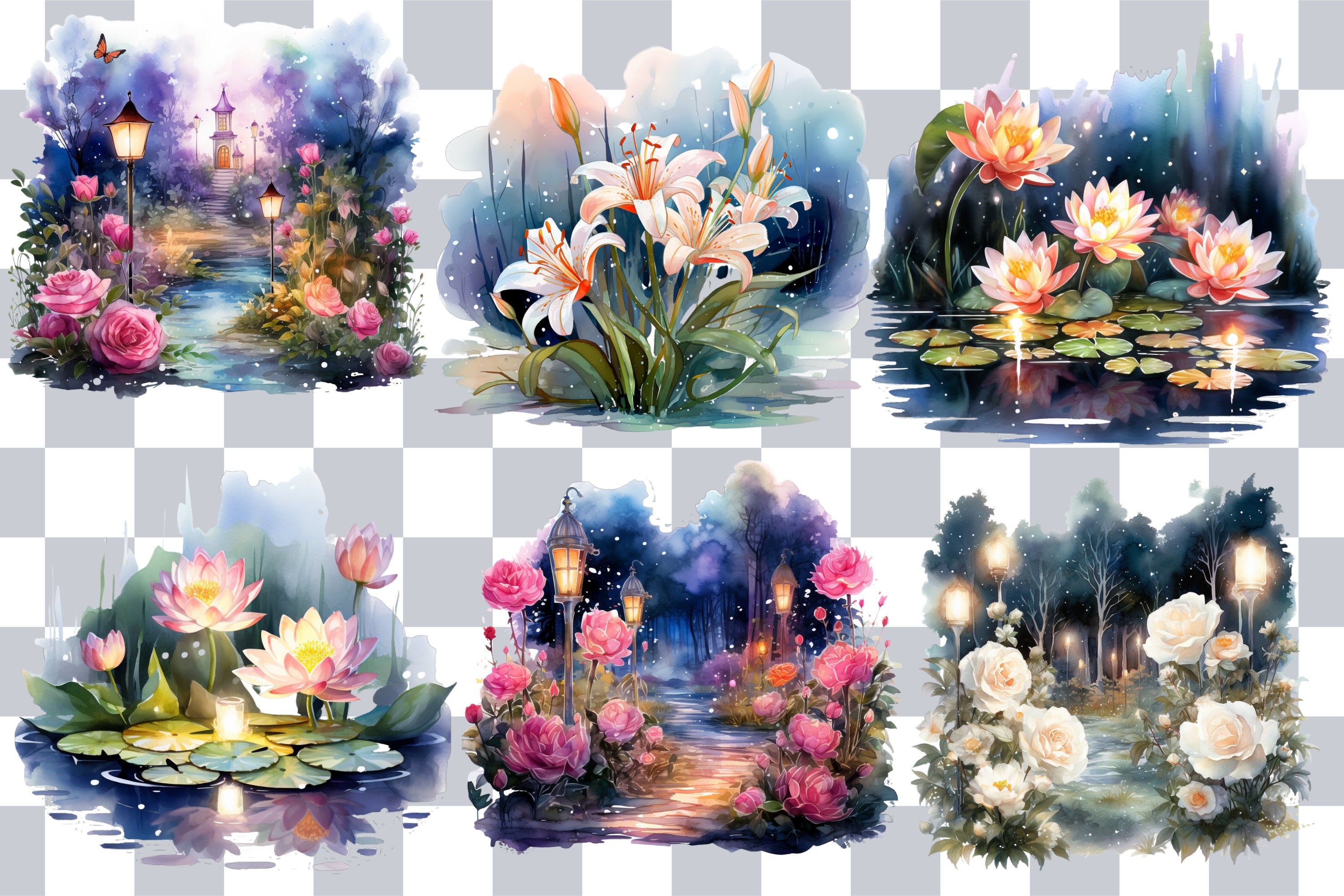 Watercolor Magical Garden Clip Art, Mystical Flowers Clipart, Glowing ...