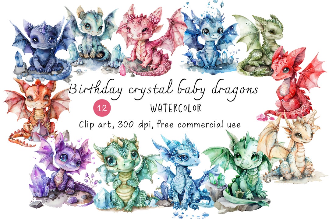 Watercolor Baby Dragon Crystal Birth Stone Clip Art, Birthstone Dragons ...