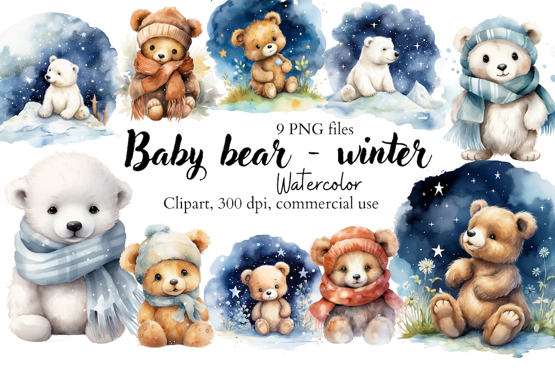 Baby Bear Clipart, Polar Bear Printable, Seasonal Wall Decor, Cute ...