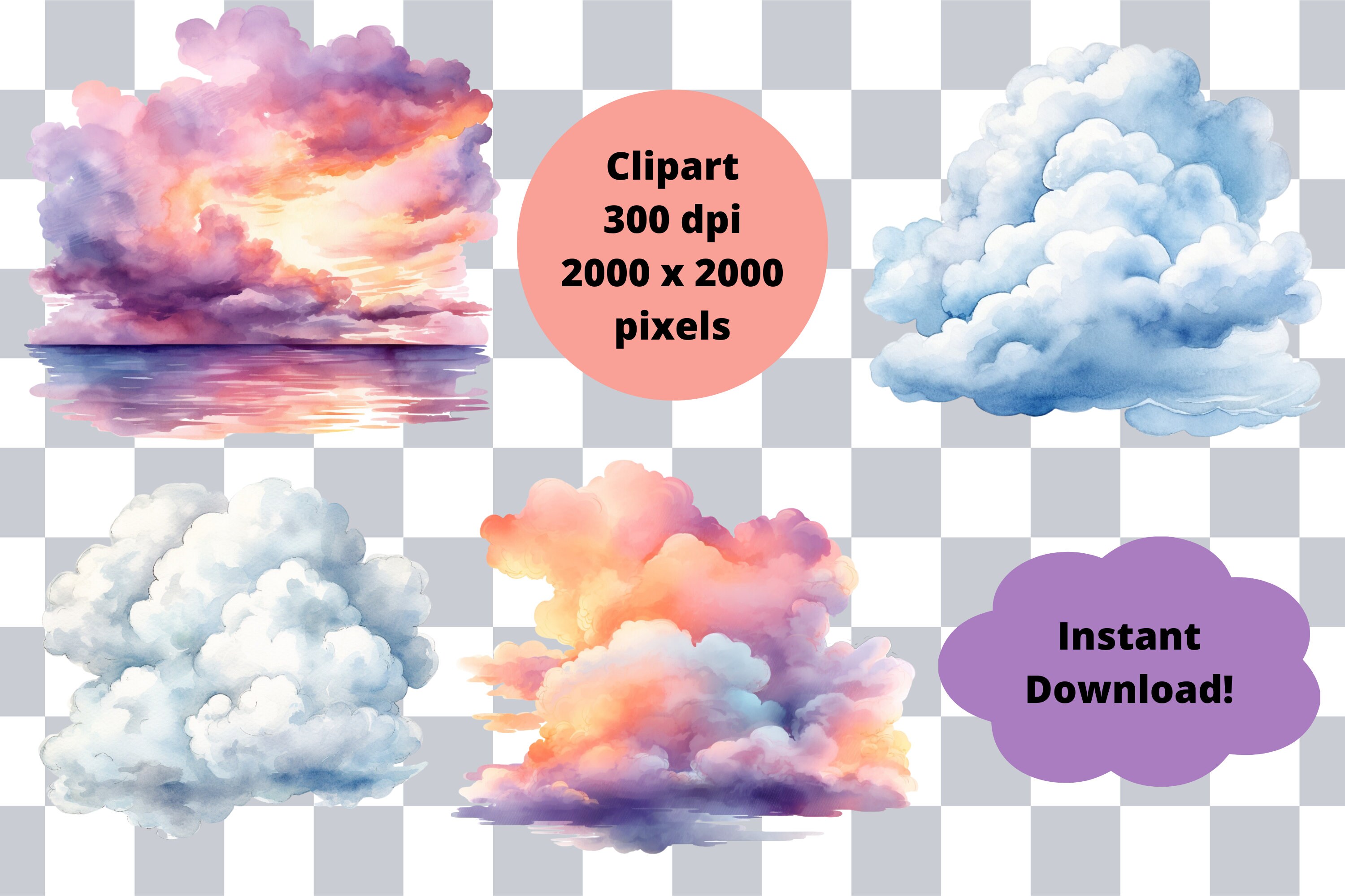 Watercolor Cloud Clip Art, Painted Clouds Clipart Graphics, Sunset Sky ...