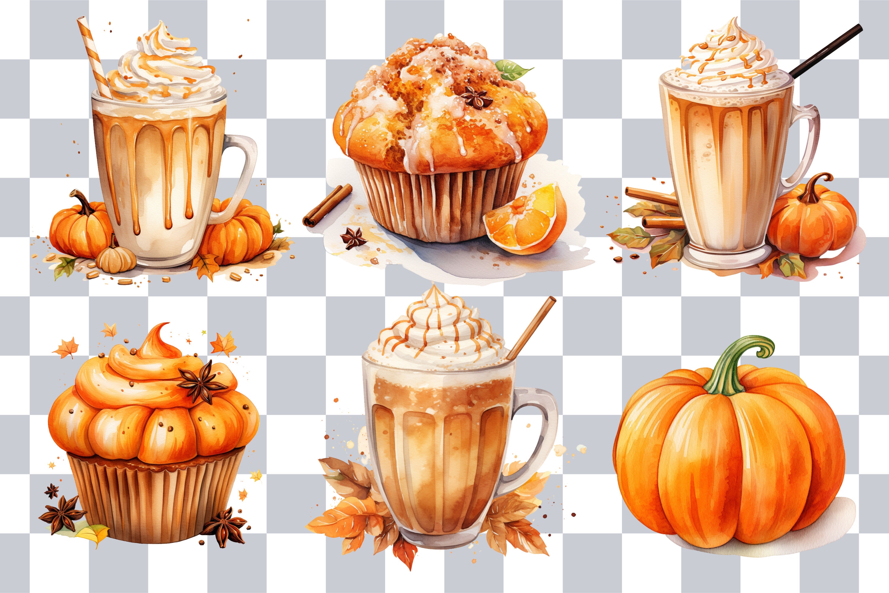 Watercolor Pumpkin Spice Clip Art, Seasonal Latte Clipart, Cinnamon ...