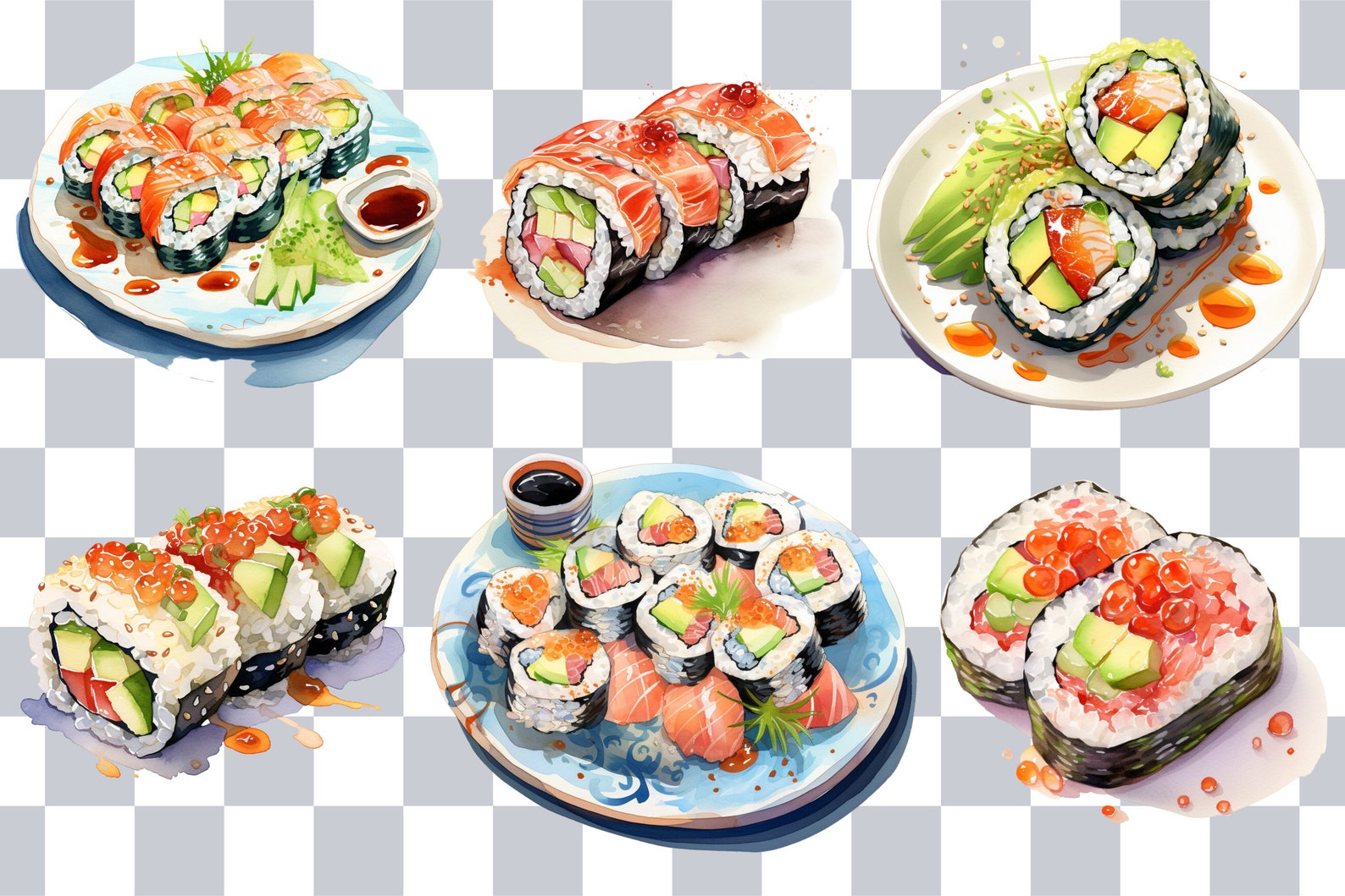 Watercolor Sushi Clip Art, Japanese Food Graphics, Raw Salmon Clipart ...