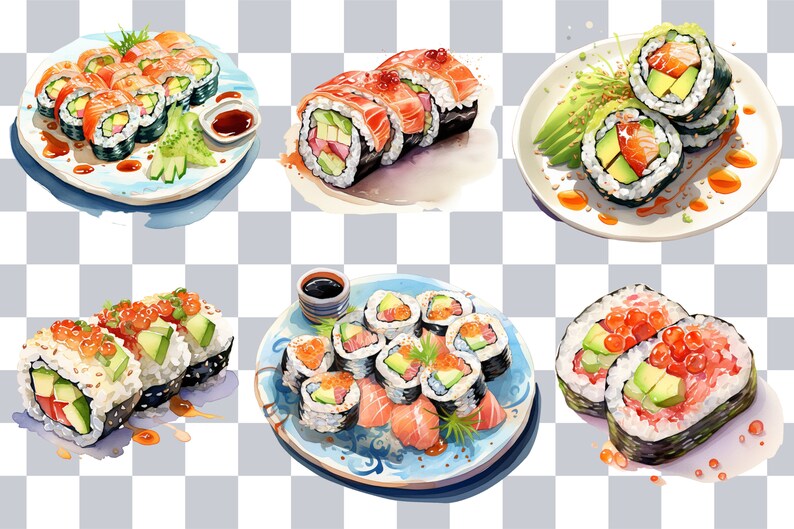 Watercolor Sushi Clip Art, Japanese Food Graphics, Raw Salmon Clipart ...
